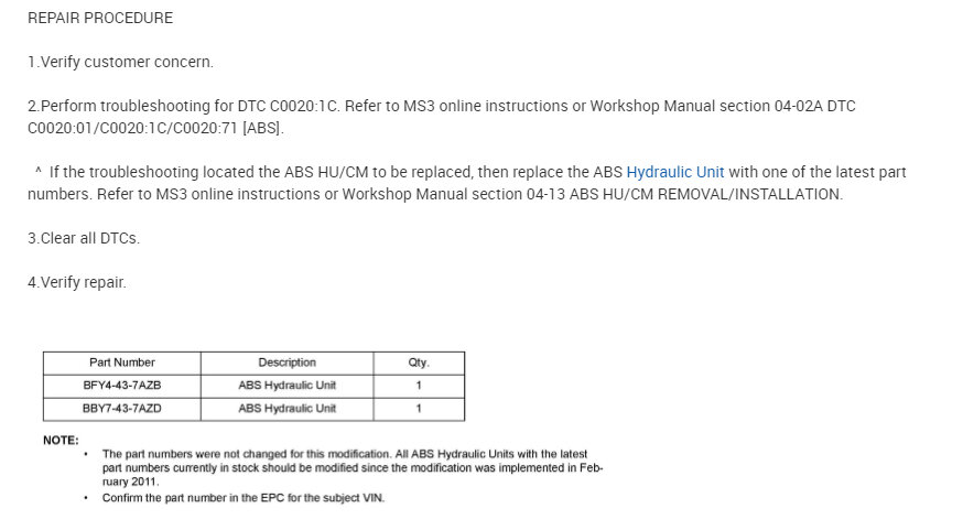 Codes C0001-01-2B, C0020-71-68, C0082-48-2B, and C1109-64-60, ABS...